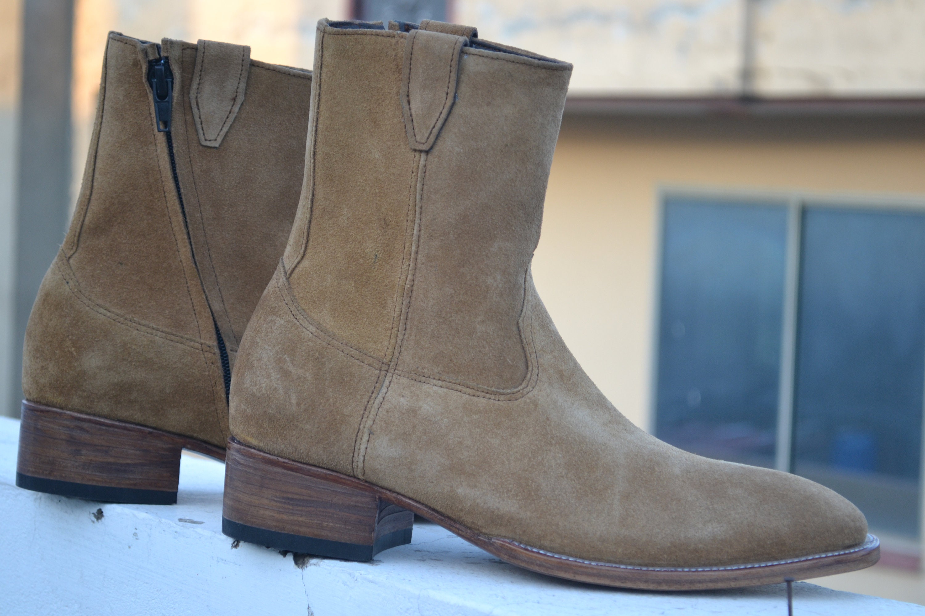 Bespoke Men's Handmade Tan Pure Leather Side Zipper Ankle High, Long ...