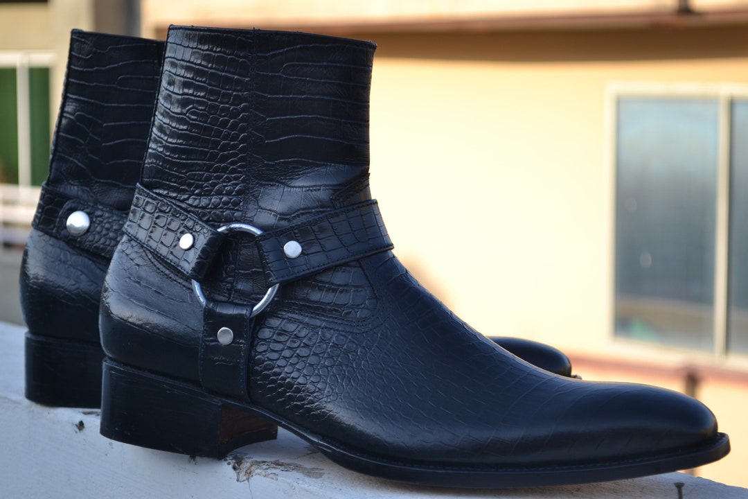 Handcrafted Men's Black Color Ankle High Chelsea Harness Side Zipper ...