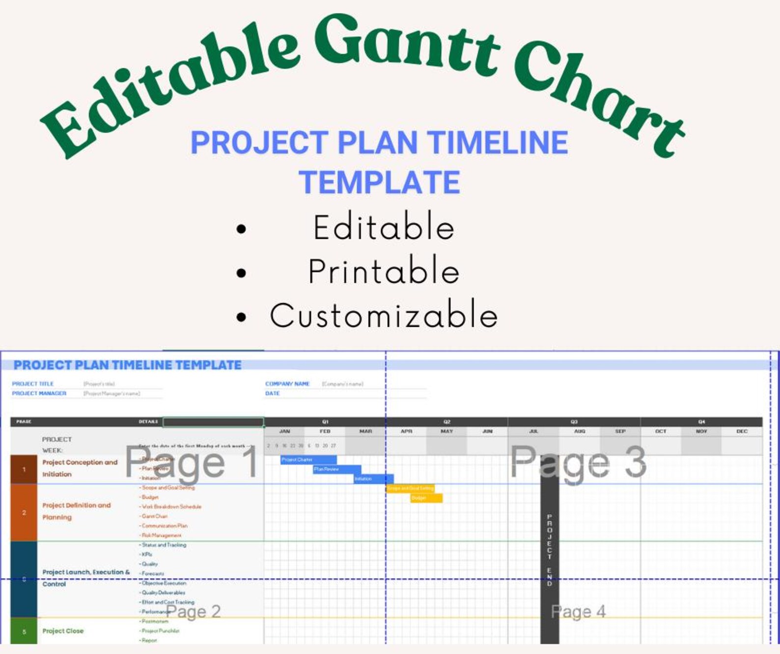 Printable Project Plan Timeline Template Customizable Gantt Chart for ...