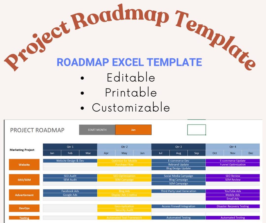 Project Roadmap Excel Template | Editable & Printable Timeline Planner ...