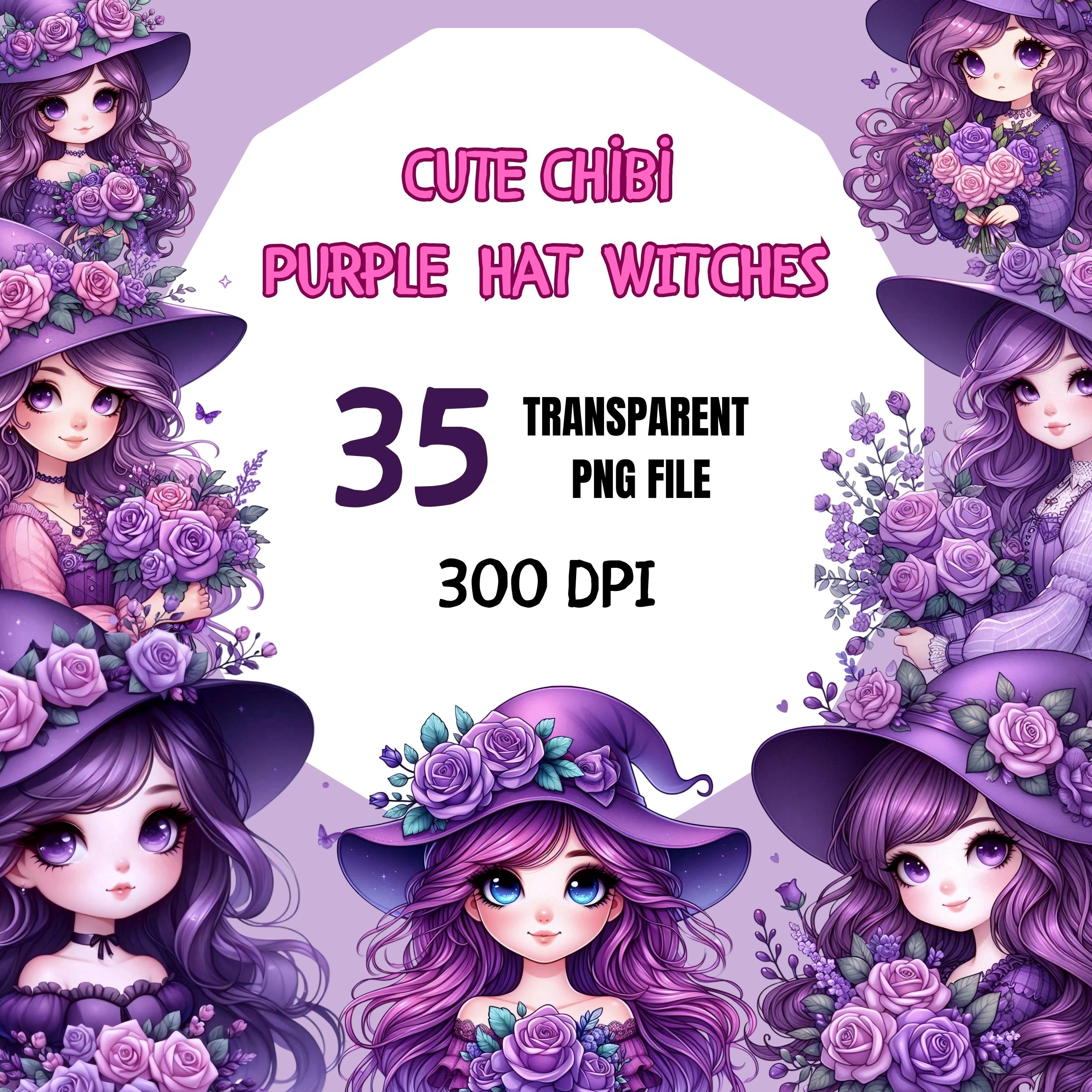 35 PNG Cute Chibi Purple Hat Witches / Charming Chibi Witches / Instant ...