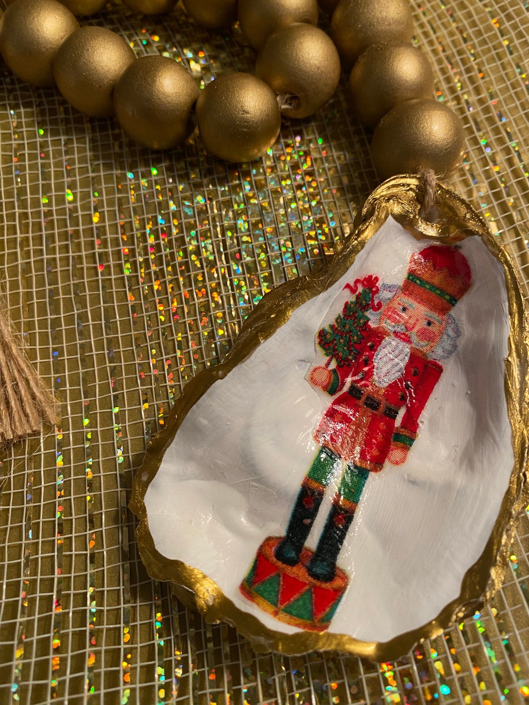 Nutcracker Oyster Shell Christmas Garland, Coastal Gold Blessing Beads ...
