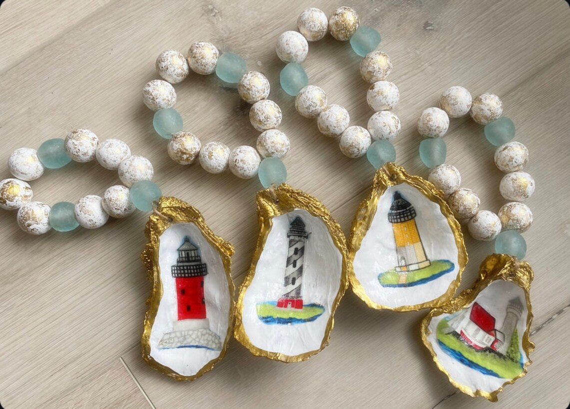Beaded Decoupaged Oyster Shell Napkin Ring, Lighthouse Decoupaged ...