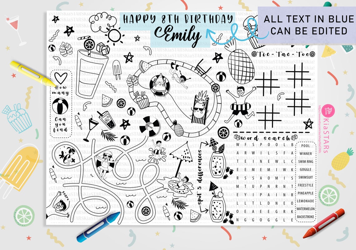 Pool Party Activity Pages: Editable Birthday Coloring (digital Download ...