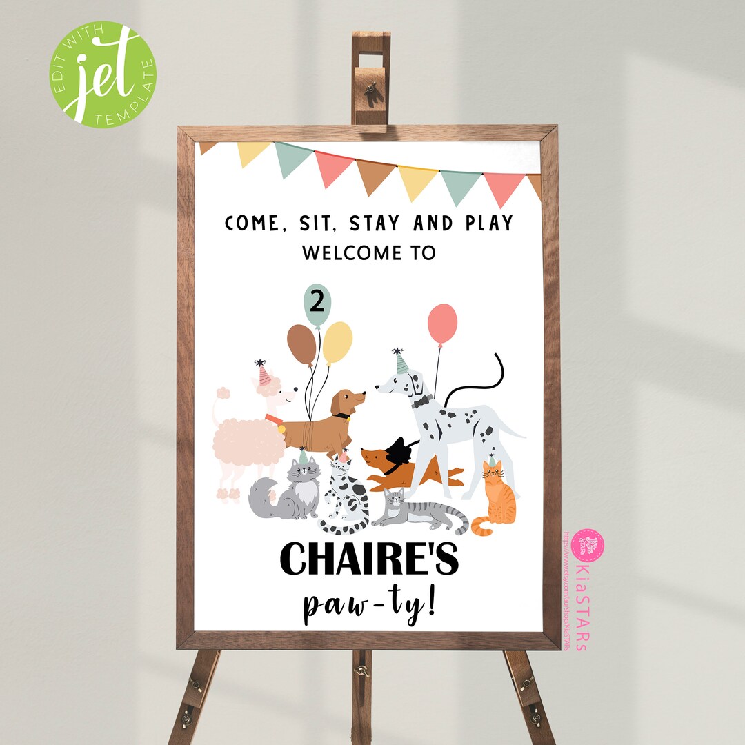 Pawty Birthday Welcome Sign: Cat and Dog Poster (editable Template ...