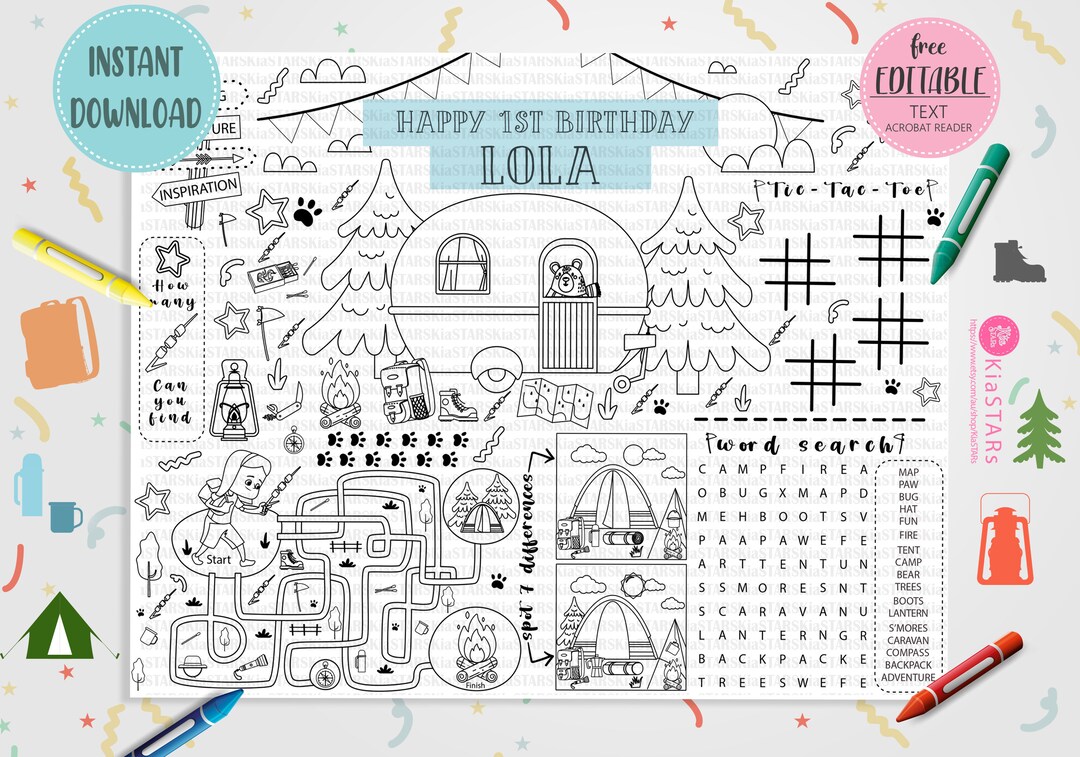 Happy Camper Birthday Activity and Coloring Pages Camping Activity ...