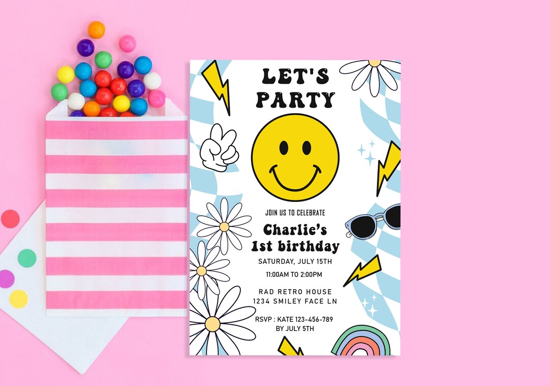 Modern Happy Invitation| Birthday Invitation| Retro Groovy Invite| Boy ...