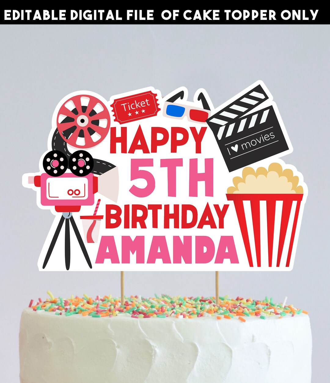 Editable Movie Ticket Cake Topper Birthday Cake Topper Pop on Over ...