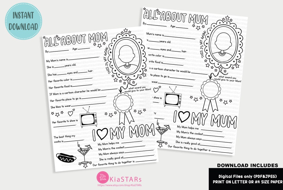 Printable All About Mom Fill in Template, Kids Gift for Mothers Day or ...