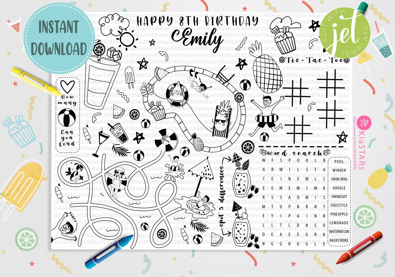 Pool Party Activity and Coloring Pages EDITABLE Pool | Etsy