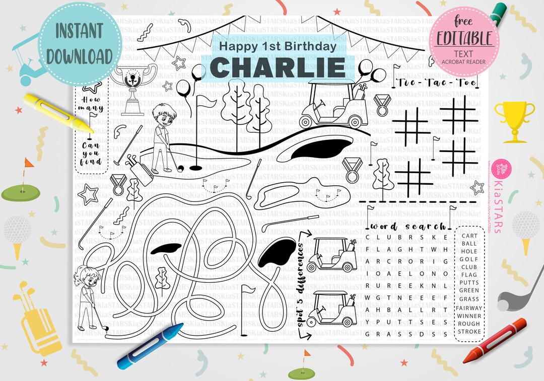 Golf First Birthday Activity and Coloring Pages, EDITABLE, Hole in One ...