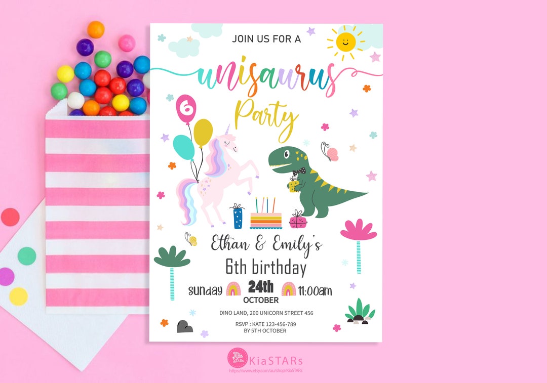 Unicorn and Dinosaur Invitation | INSTANT DOWNLOAD | Unisex Unicorn and ...