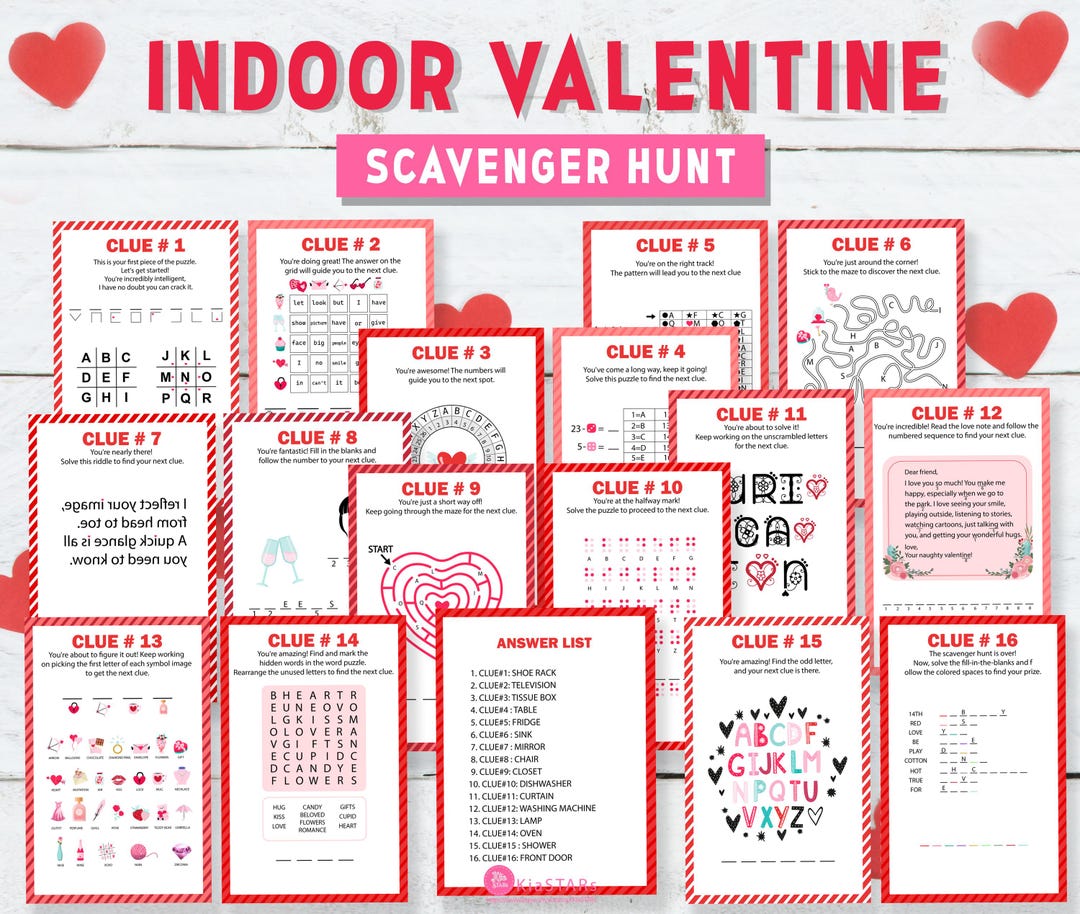 Indoor Scavenger Hunt Printable, Valentines Scavenger Hunt, Valentine's ...