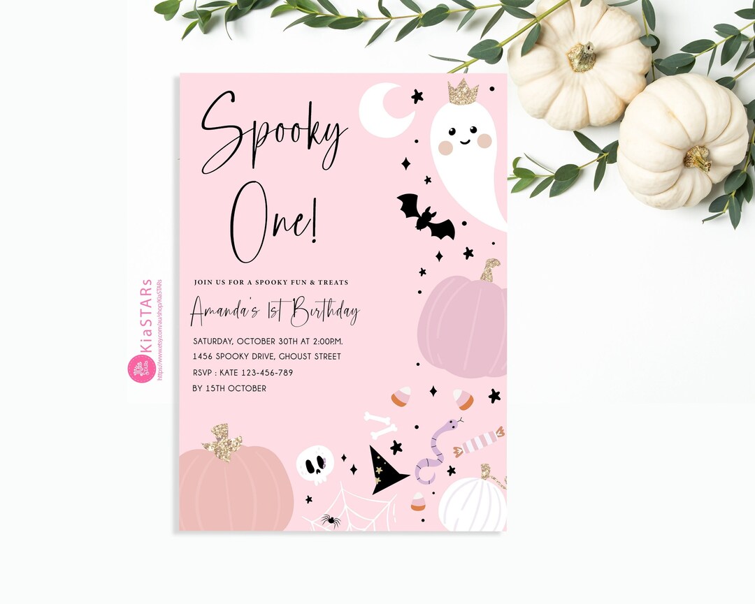 Spooky One Birthday Invitation Pink Halloween Birthday Invite Spooky ...