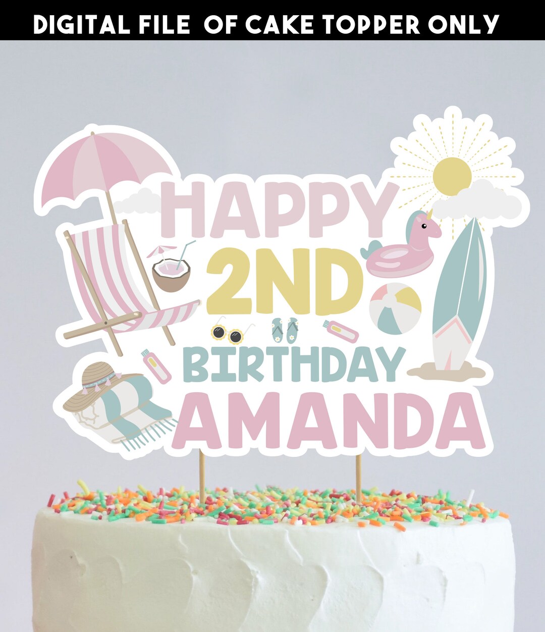 Personalized Hello Summer Beach Cake Topper, Girls Party Printable ...