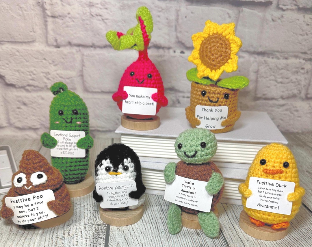 Mini Funny Positive Crochet Gifts, Positive Pickle With Stand, Handmade ...