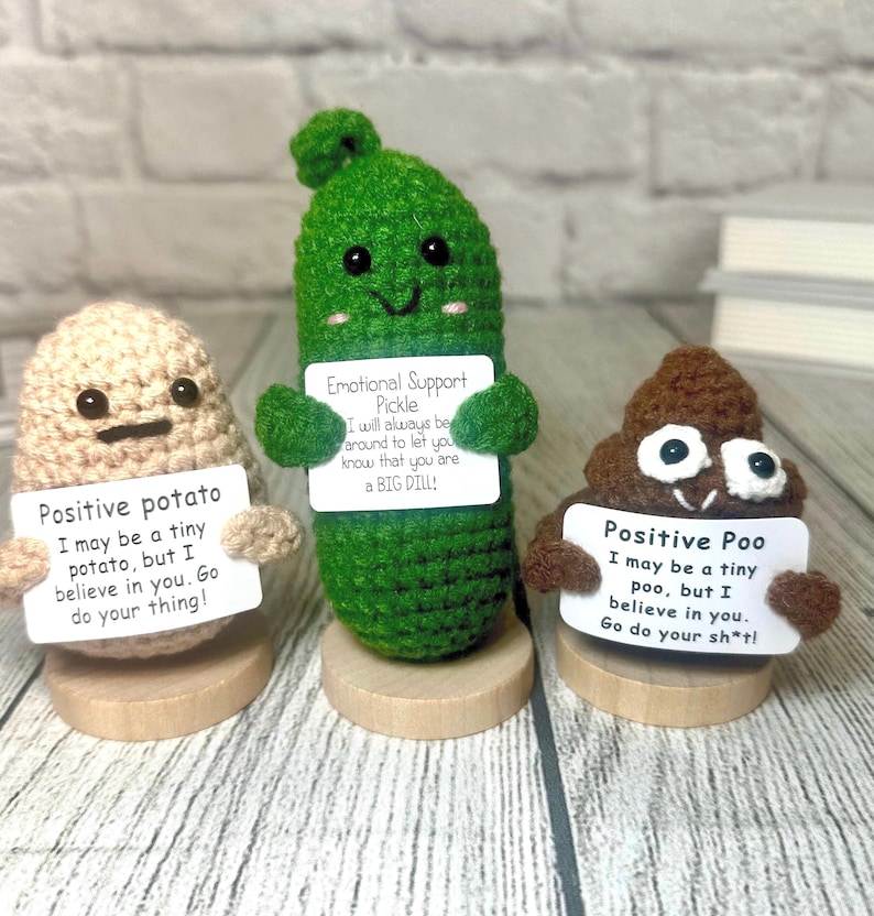 Emotional Support Crochet Gift With Stand, Cute Crochet Positive Pickle ...