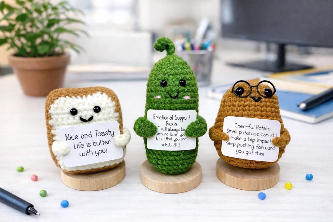 Emotional Support Crochet Gift With Stand, Cute Crochet Positive Pickle ...