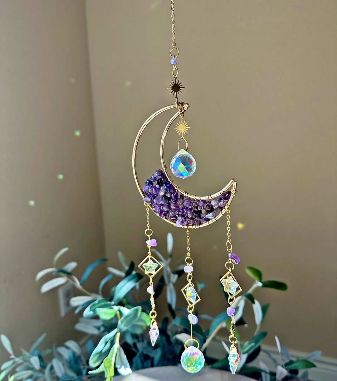 Amethyst Crystal Suncatcher, Moon Window Hanging With Prisms - Etsy