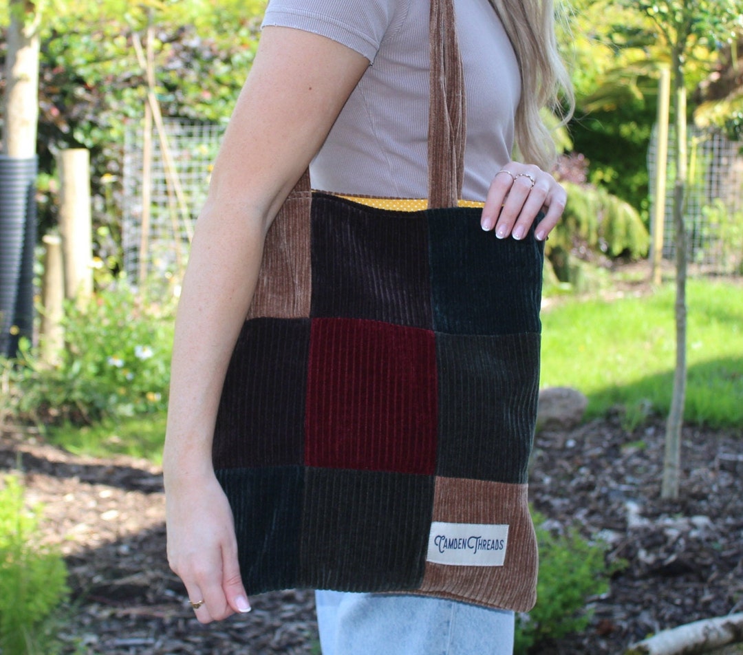 Patchwork Corduroy Tote Bag: Hippie Style Shopper With Internal Pocket ...