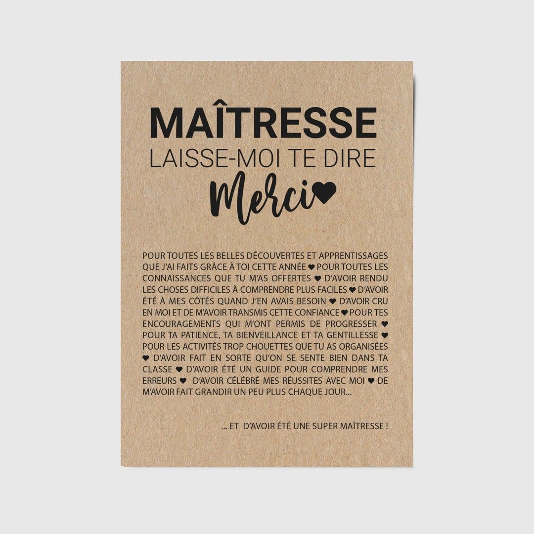 Carte merci Maîtresse Carte maîtresse fin d'année scolaire Idée cadeau ...