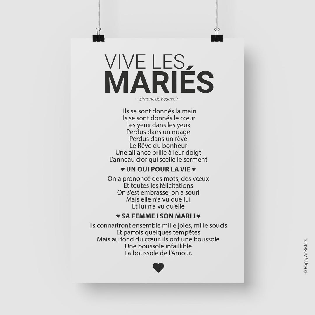 Poster long Live the Bride and Groom Text by Simone De Beauvoir Wedding ...