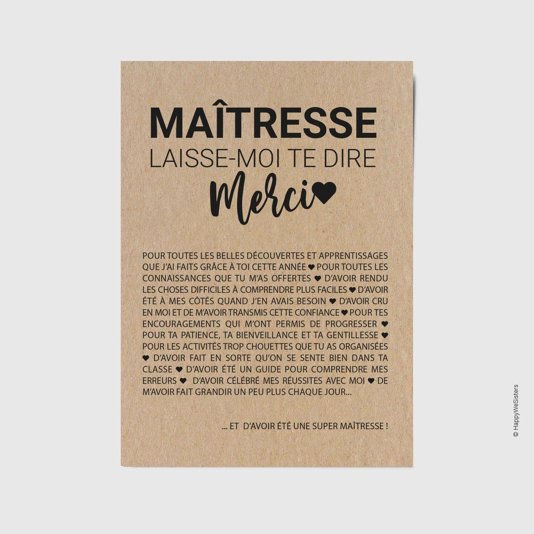 Carte merci Maîtresse - Carte maîtresse fin d'année scolaire - Idée ...