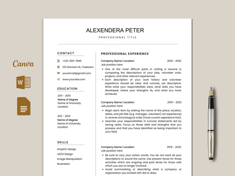 Resume Template Word, Google Docs Resume Template, Canva Template ...