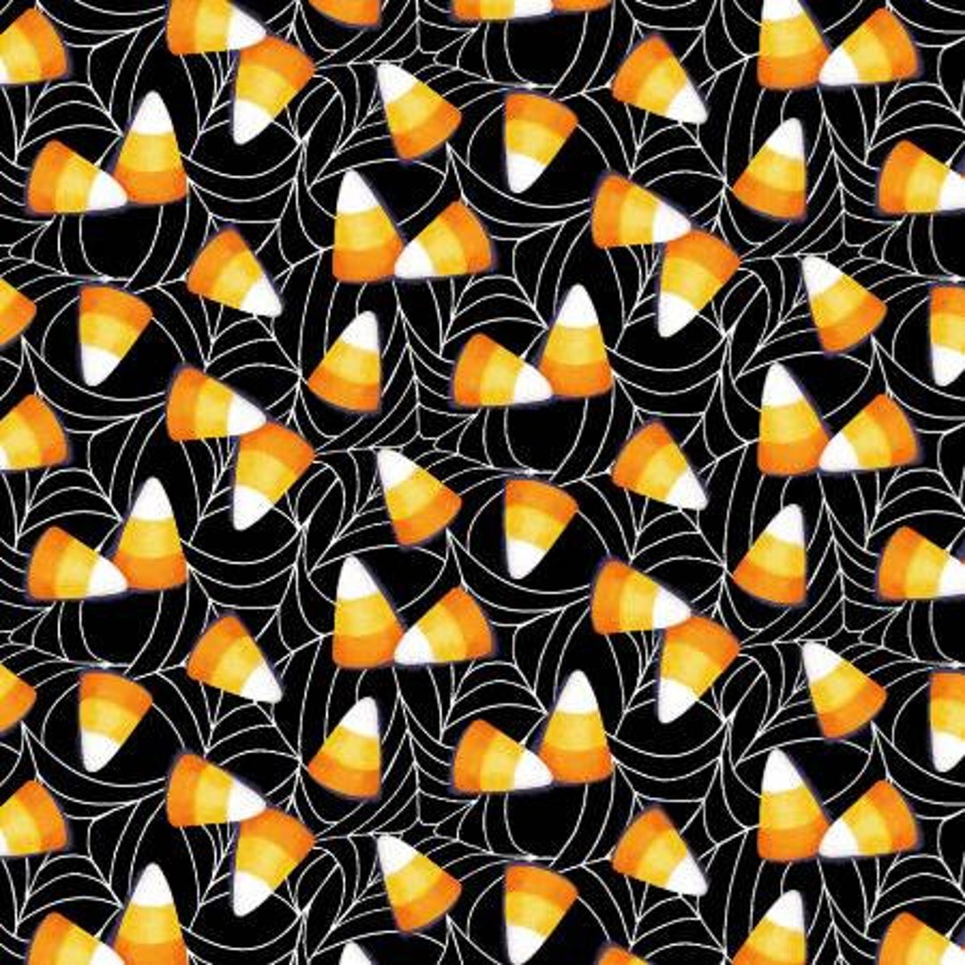 Boo Whoo Glow Candy Corn Toss on Webs Halloween Glow in the Dark Fabric ...