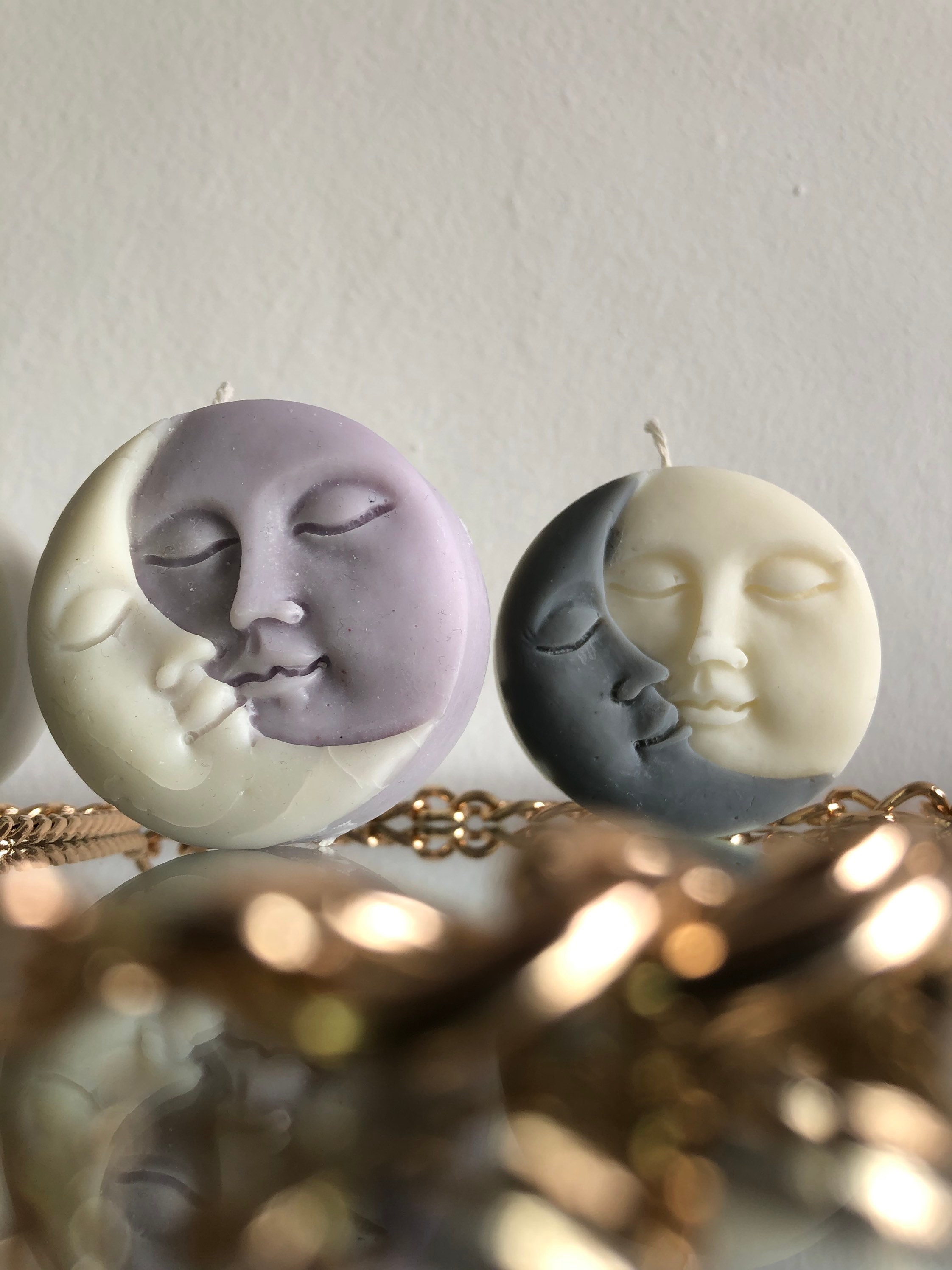 Purple and white two toned moon face candle homemade with | Etsy