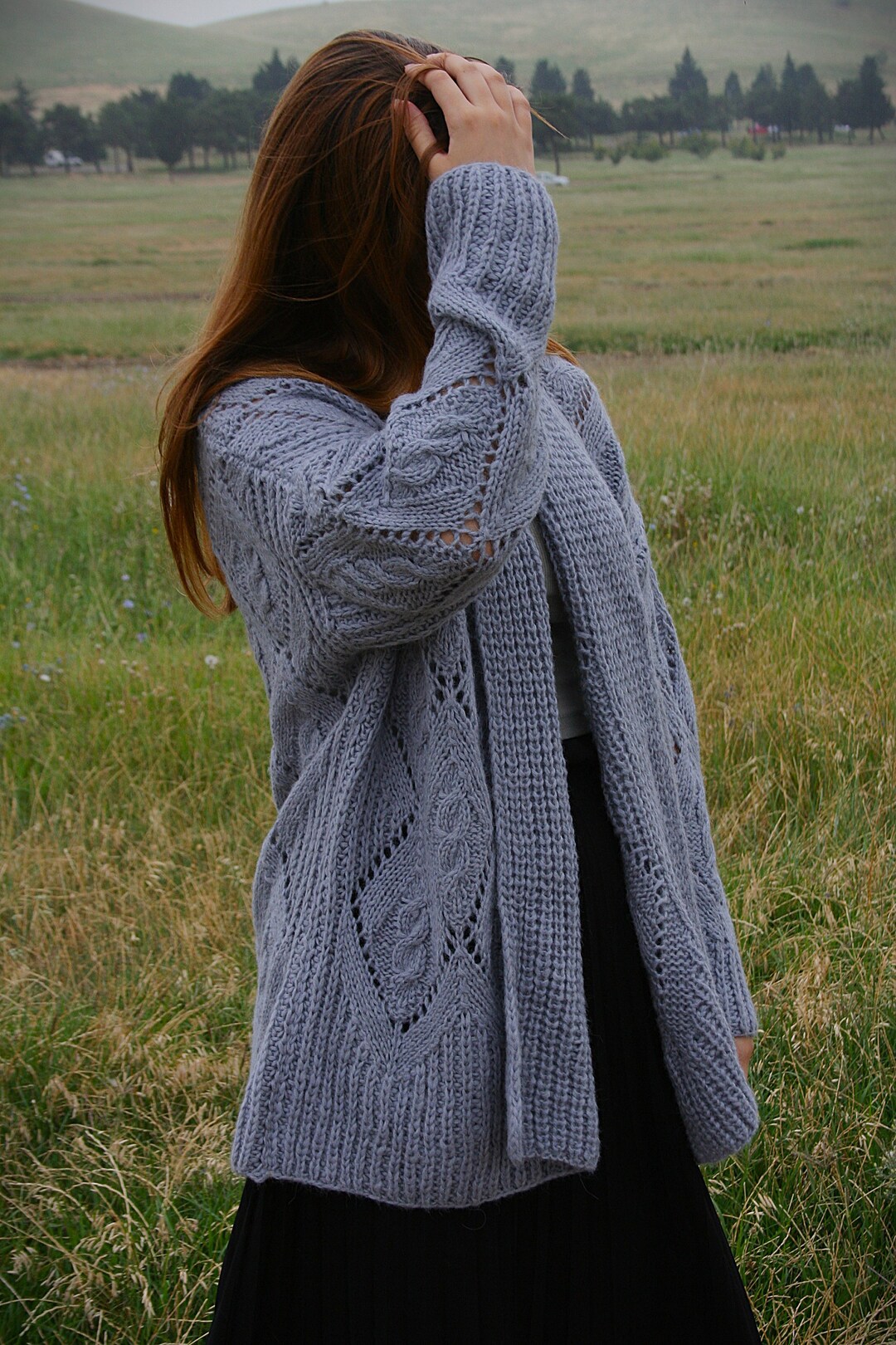 Hand Knitted Alpaca Cable Cardigan - Gray Blue Wool Jacket - Etsy