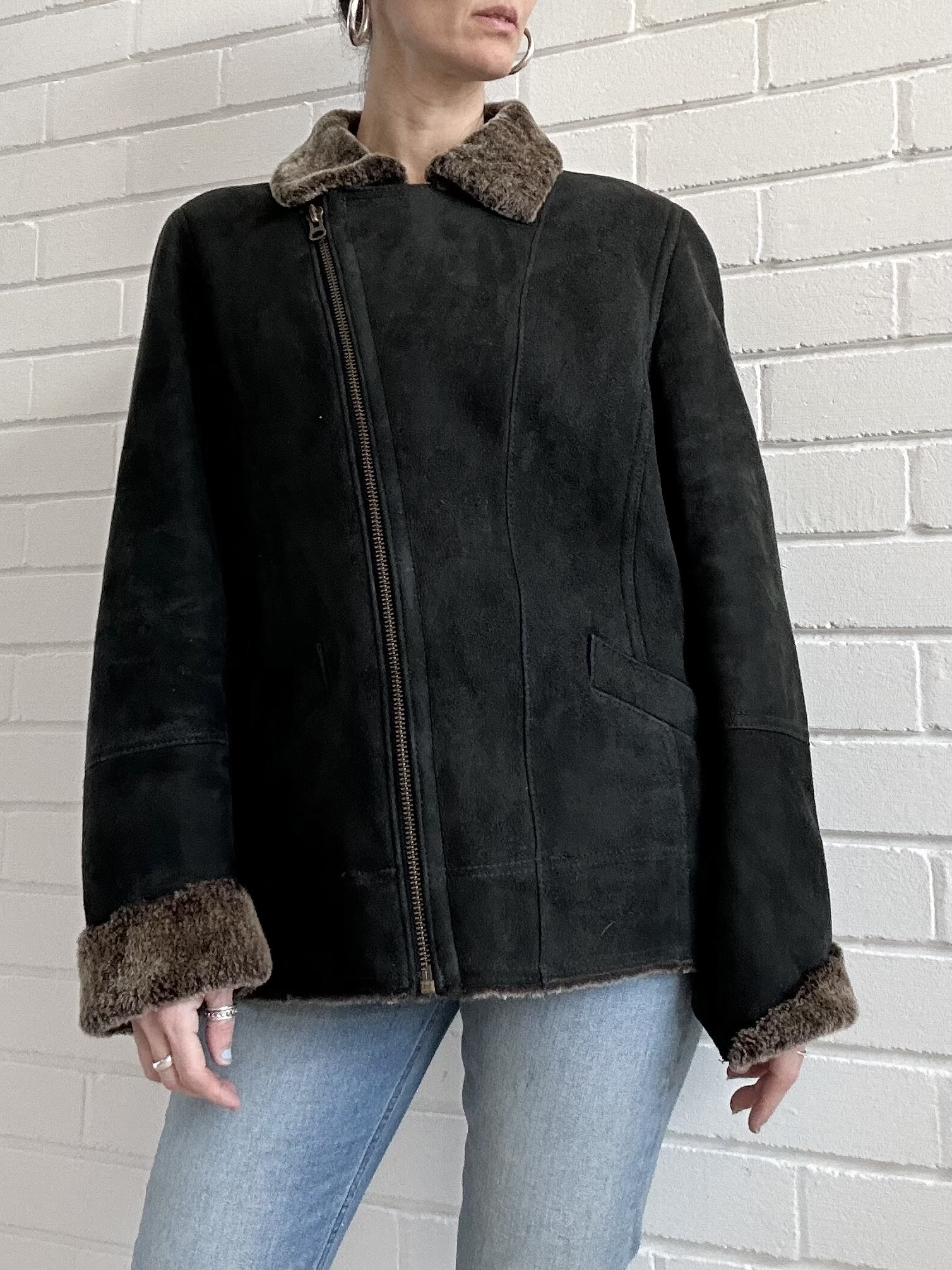 Vintage Black Real Sheepskin Leather Bomber Jacket Coat Womens Size 12 ...