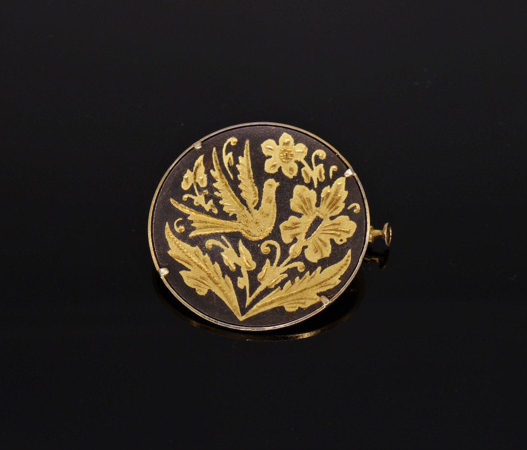 Vintage 1960s-1970s Round Concave Shield Damascene Brooch - Trombone ...