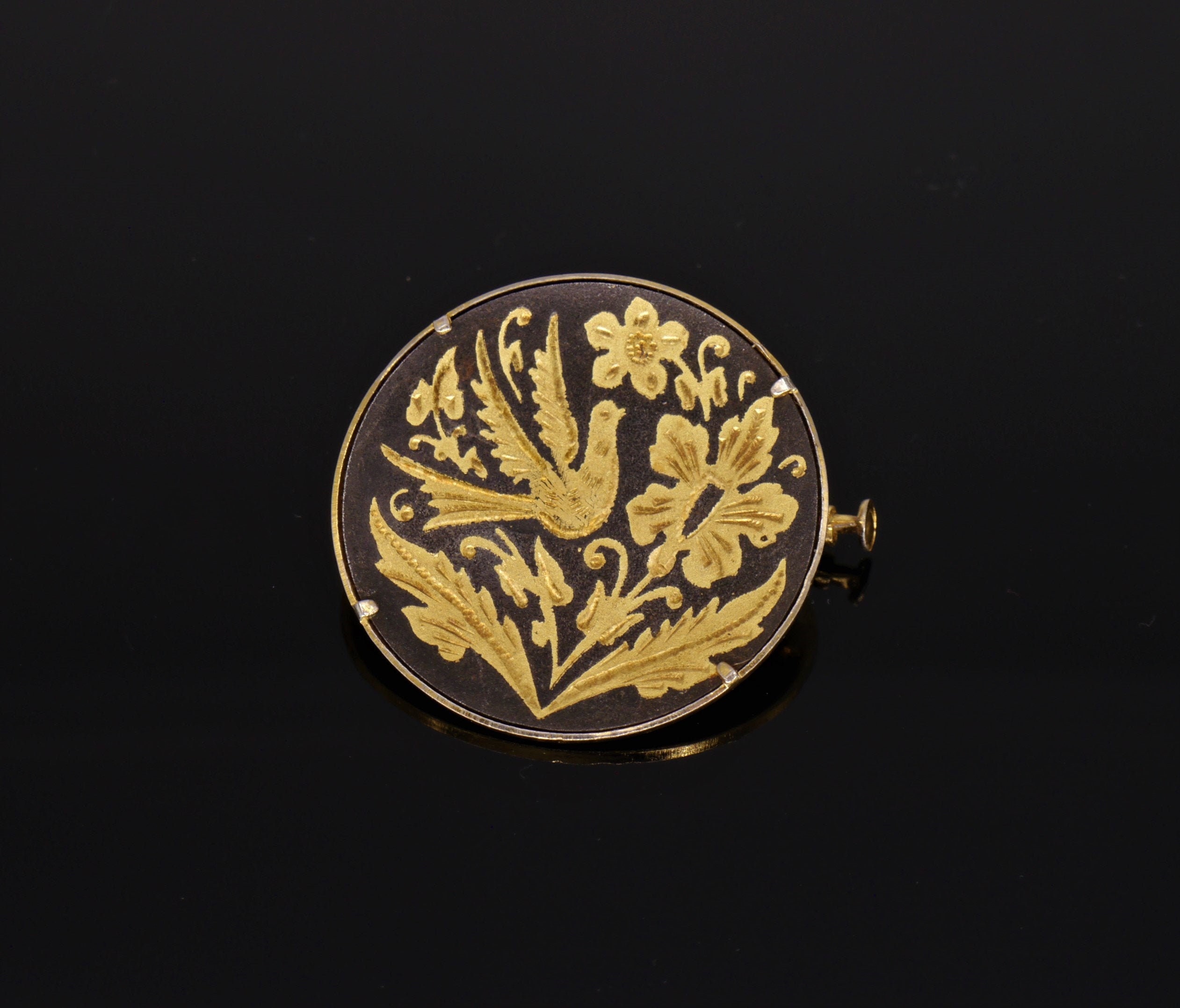 Vintage 1950s-1970s Round Concave Shield Damascene Brooch Trombone ...