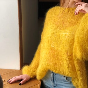 Kid Mohair Golden Yellow Knitted Fluffy Sweater Loose Knit Fuzzy ...