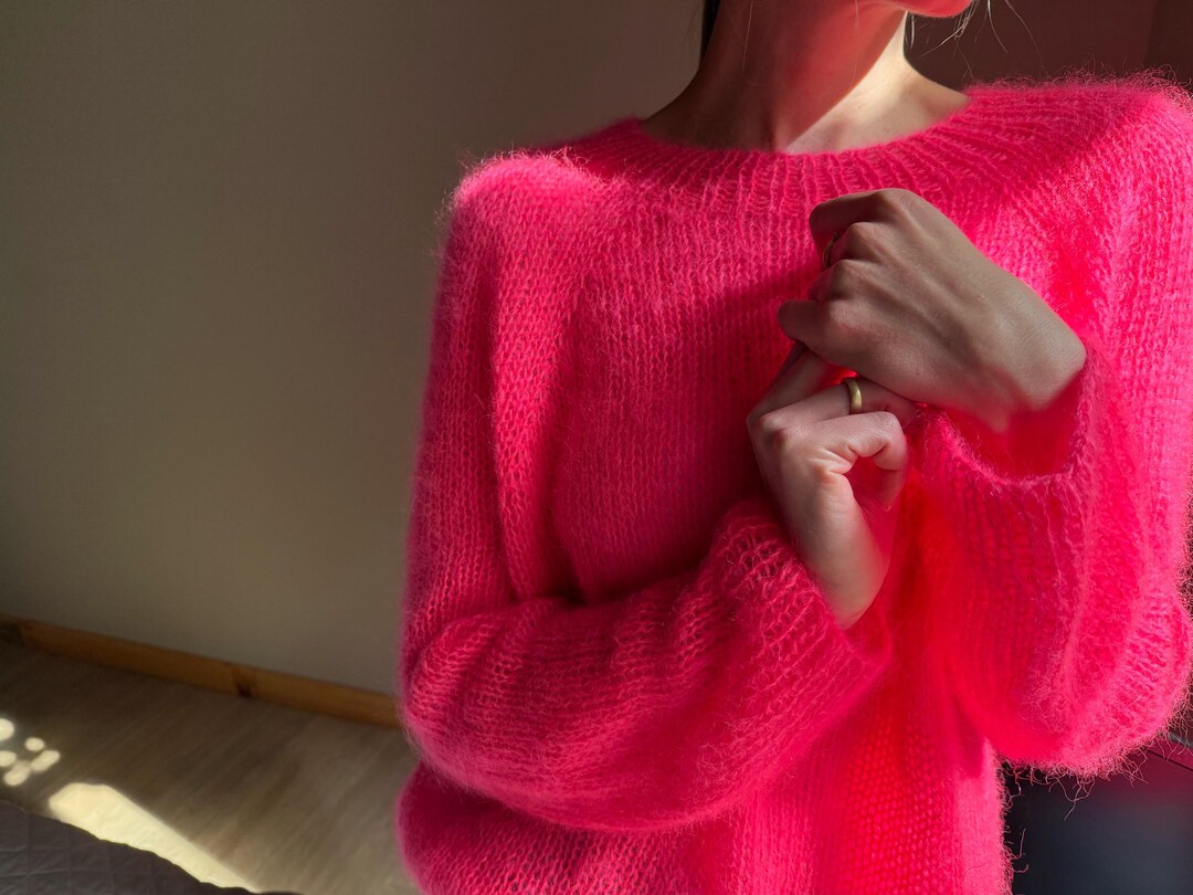Neon Pink Mohair Knitted Sweater. Fluffy Loose Fit Fuchsia Jumper ...