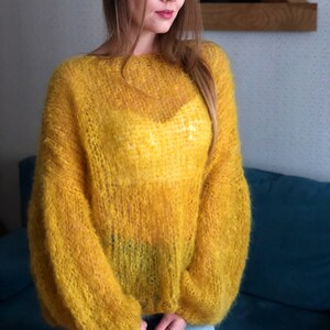 Kid Mohair Golden Yellow Knitted Fluffy Sweater Loose Knit Fuzzy ...