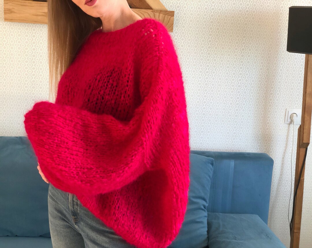 Hot Pink Bright Mohair Knitted Oversize Sweater Relaxed Fit Raspberry ...