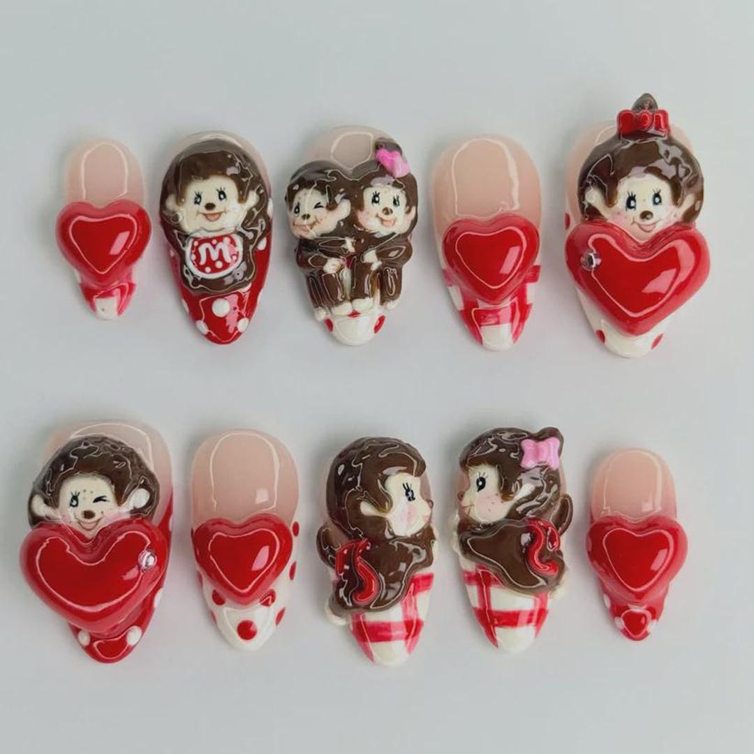 Valentine Monkey Heart Press on Nails | Red White Cute Love Nails | 3D ...