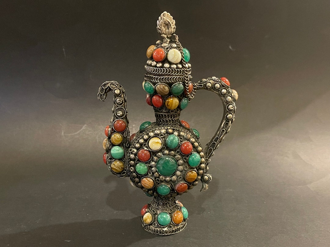 Vintage Small Silver Teapot W Jade, Hand Crafted, Decorative Silver Pot ...