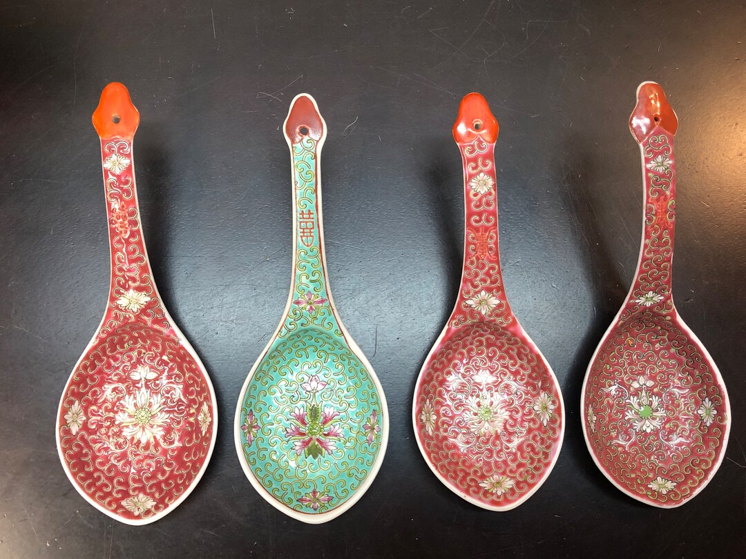Mun Shou Longevity Red Green Soup Spoons, Set of 4, Vintage Famille ...