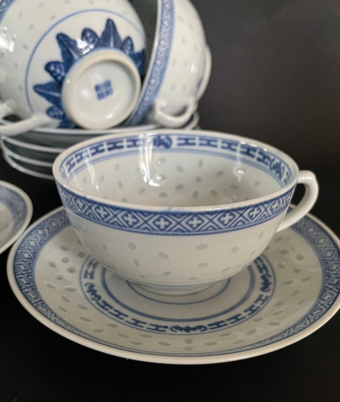 Vintage Chinese Rice Grain Tea Set, Blue and White Floral Cups, Set of ...