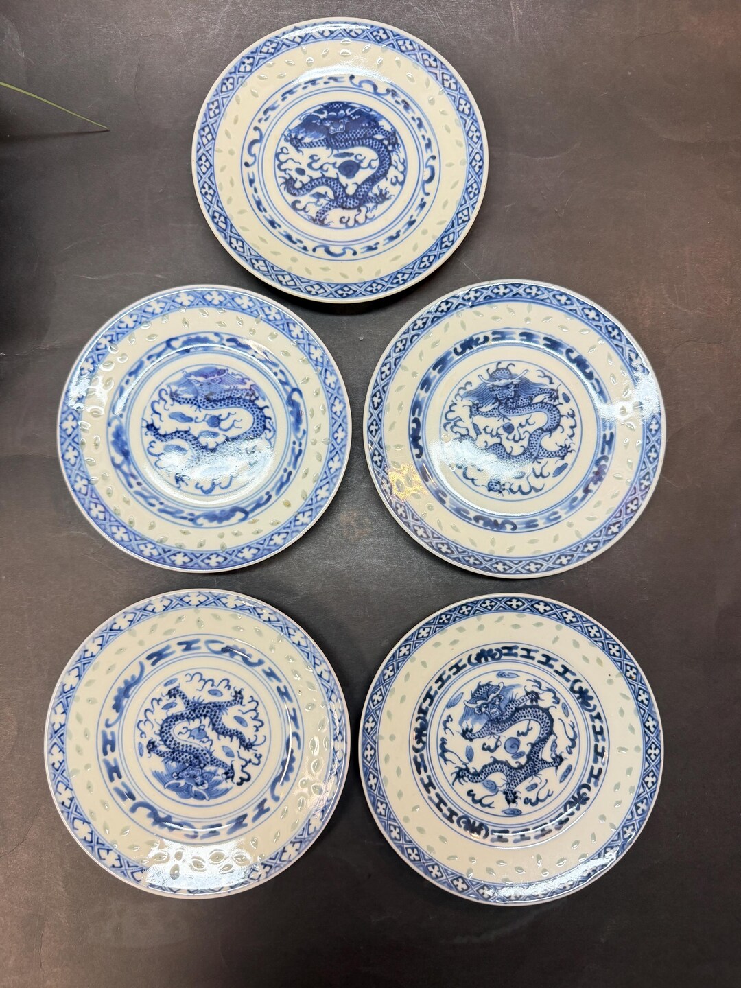 Vintage Chinese Dragon Plates, Blue and White Rice Grain, Set of 5 - Etsy