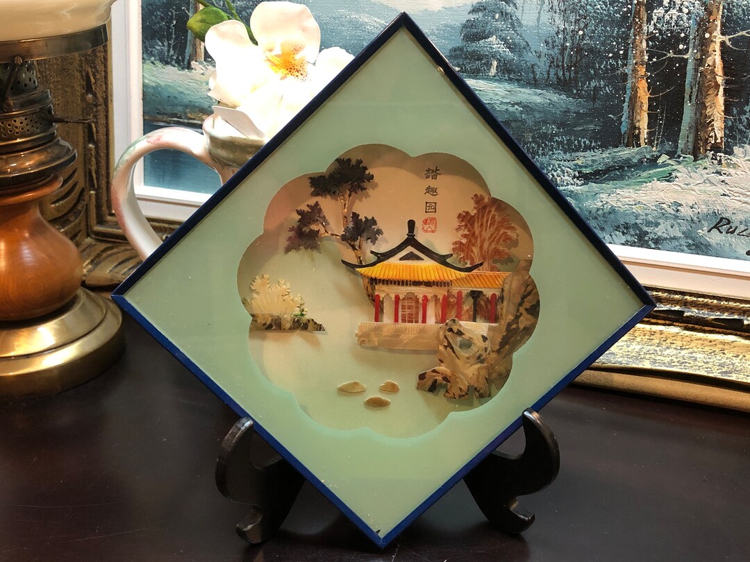 Vintage Chinese Framed Shell Art, Sculpted Mother-of-pearl Asian ...