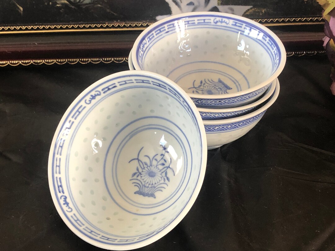 Chinese Vintage Rice Bowls With Flowers Design, Set of 4, Rice Grain ...