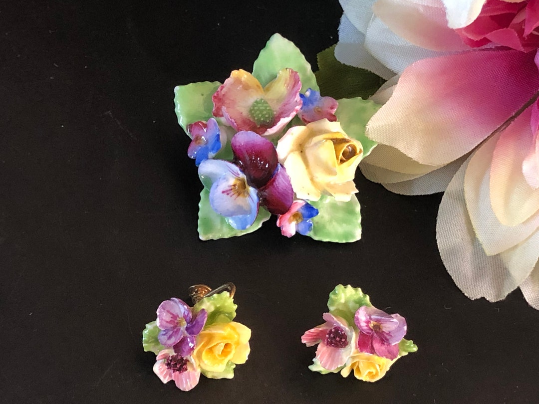 Vintage Bone China Porcelain Flower Brooch and Earrings, Denton Fine ...
