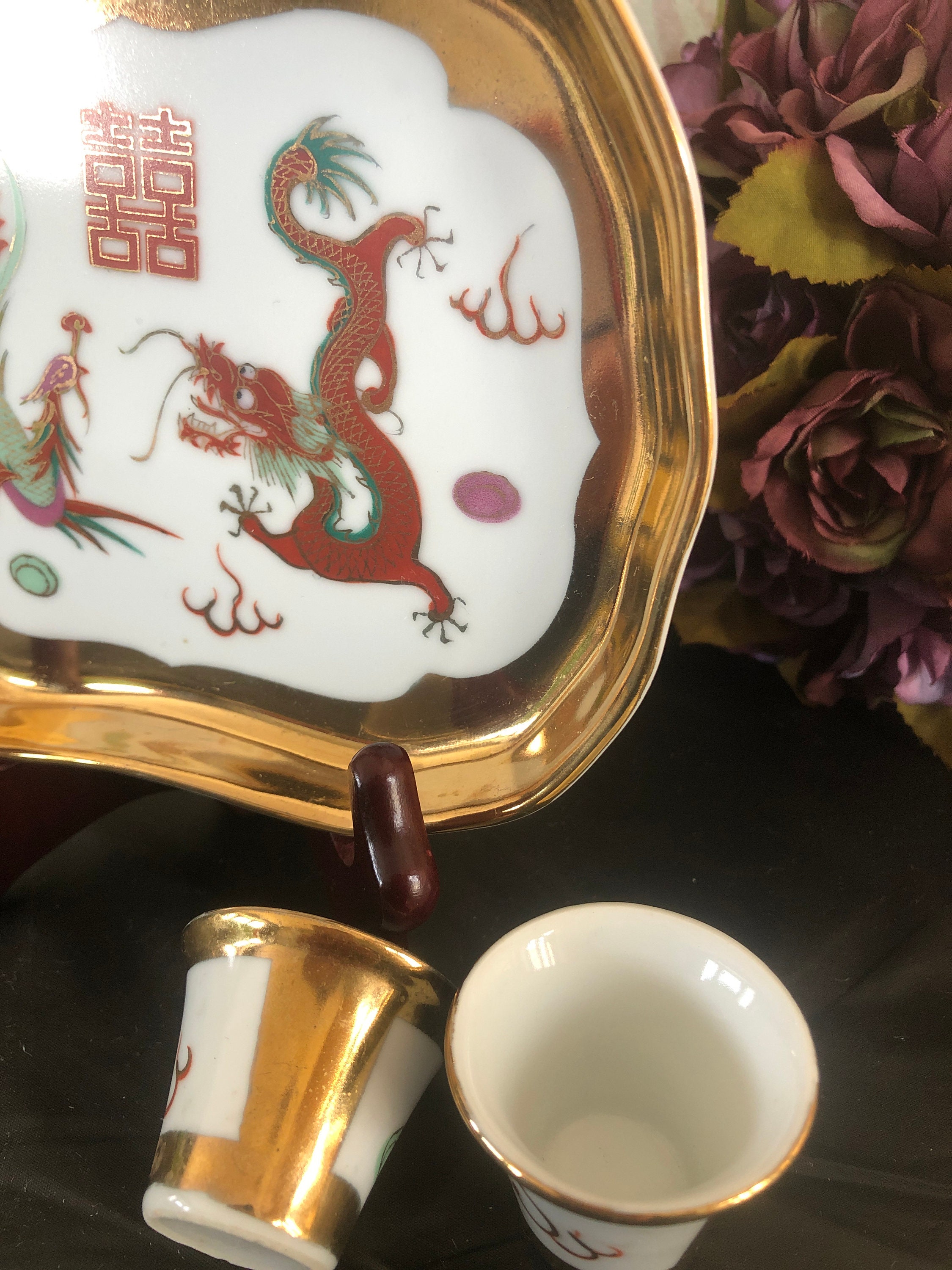 Vintage Chinese Dragon and Phoenix Tea Cups & Tray Sake Cups | Etsy