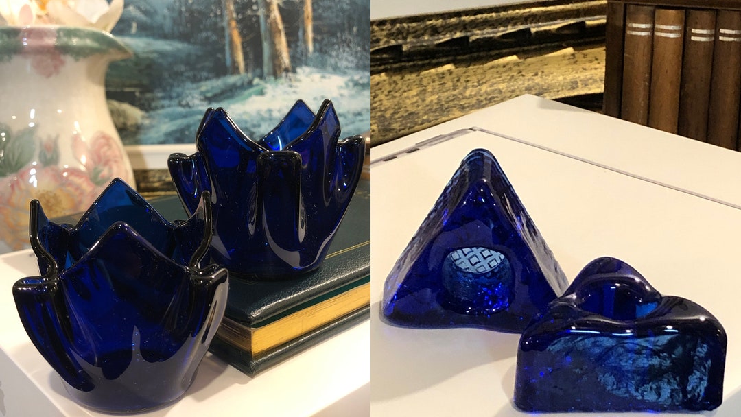 Vintage Cobalt Blue Candle Holders, Blue Glass Candleholders, Set of 4 ...