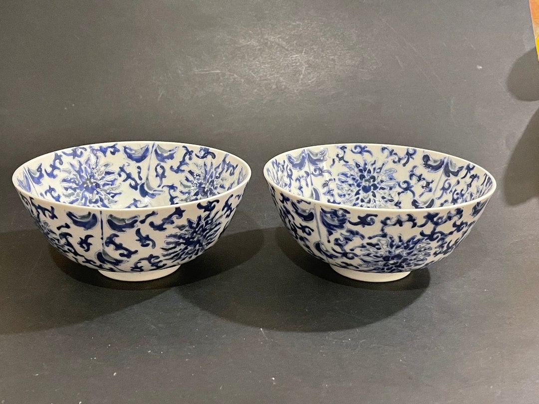 Vintage Chinese Bowls, Set of 2, 1920s Ceramic Bowls, Blue and White ...