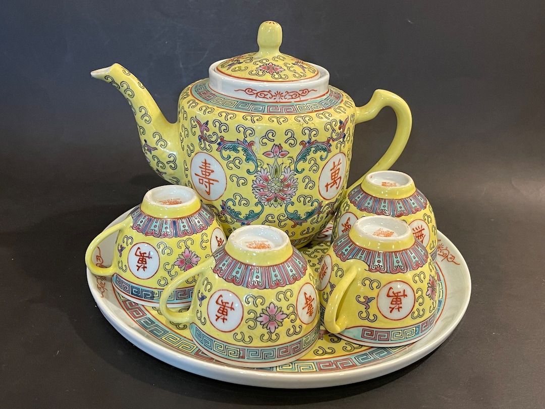 Mun Shou Longevity Yellow Teapot Teacups and Tray, Tea Set of 6 ...
